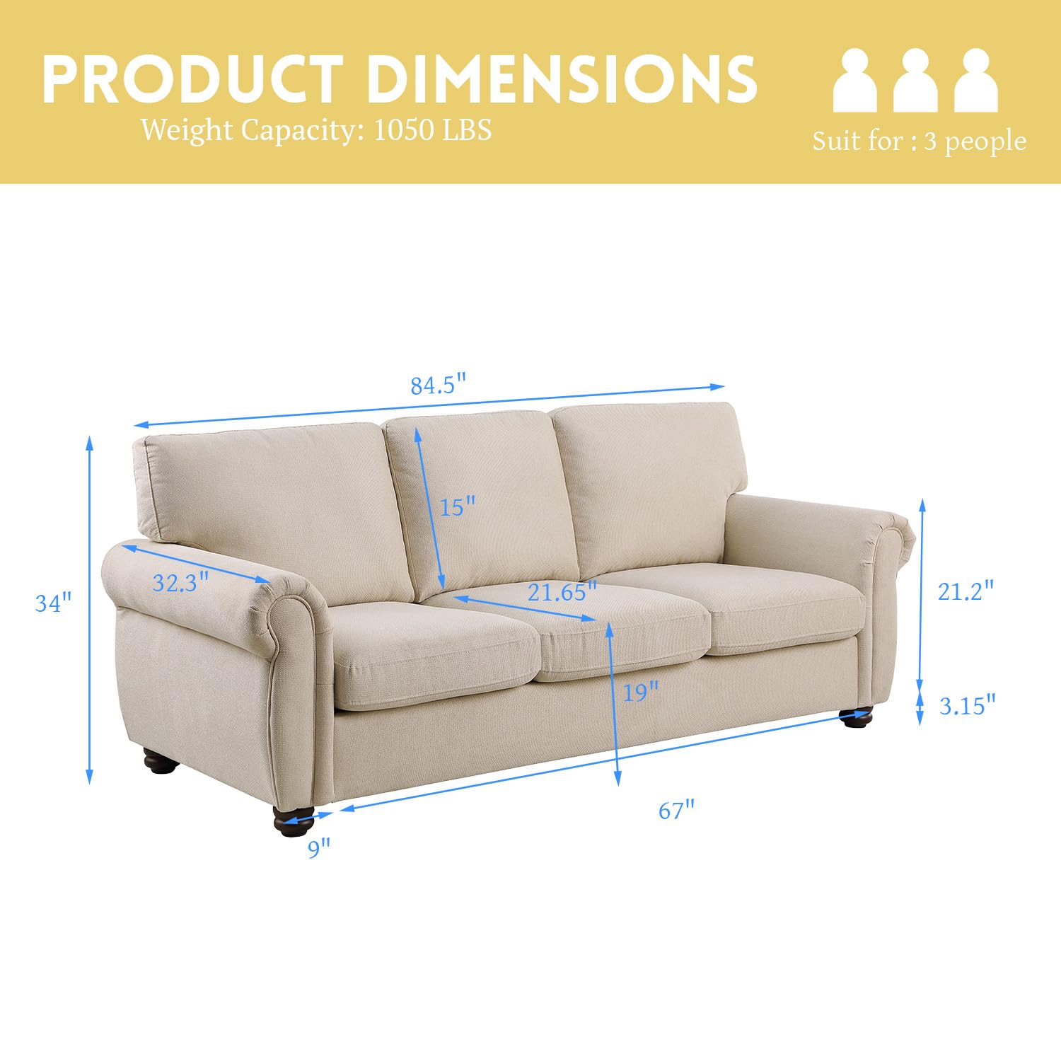 jurmiture 84" Modern 3 Seater Couches, Fabric Linen Deep Seat Sofa Mid Century Couches with Rolled Arms, Comfy Three Seater Couch Sofa with Turned Wooden Legs, Beige 3 Cushion Couches for Living Room