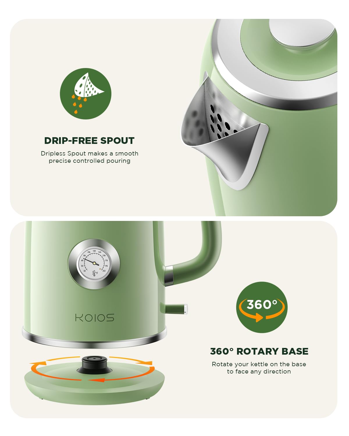 Electric Kettle, 1.8 L Hot Water Boiler Heater with Thermometer, 1500W Retro Electric Tea and Water Kettle with LED Indicator, 100% Stainless Steel, Auto Shut-Off & Boil-Dry Protection, Retro Green