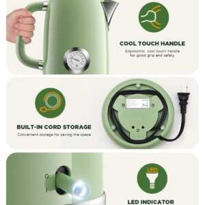 Electric Kettle, 1.8 L Hot Water Boiler Heater with Thermometer, 1500W Retro Electric Tea and Water Kettle with LED Indicator, 100% Stainless Steel, Auto Shut-Off & Boil-Dry Protection, Retro Green