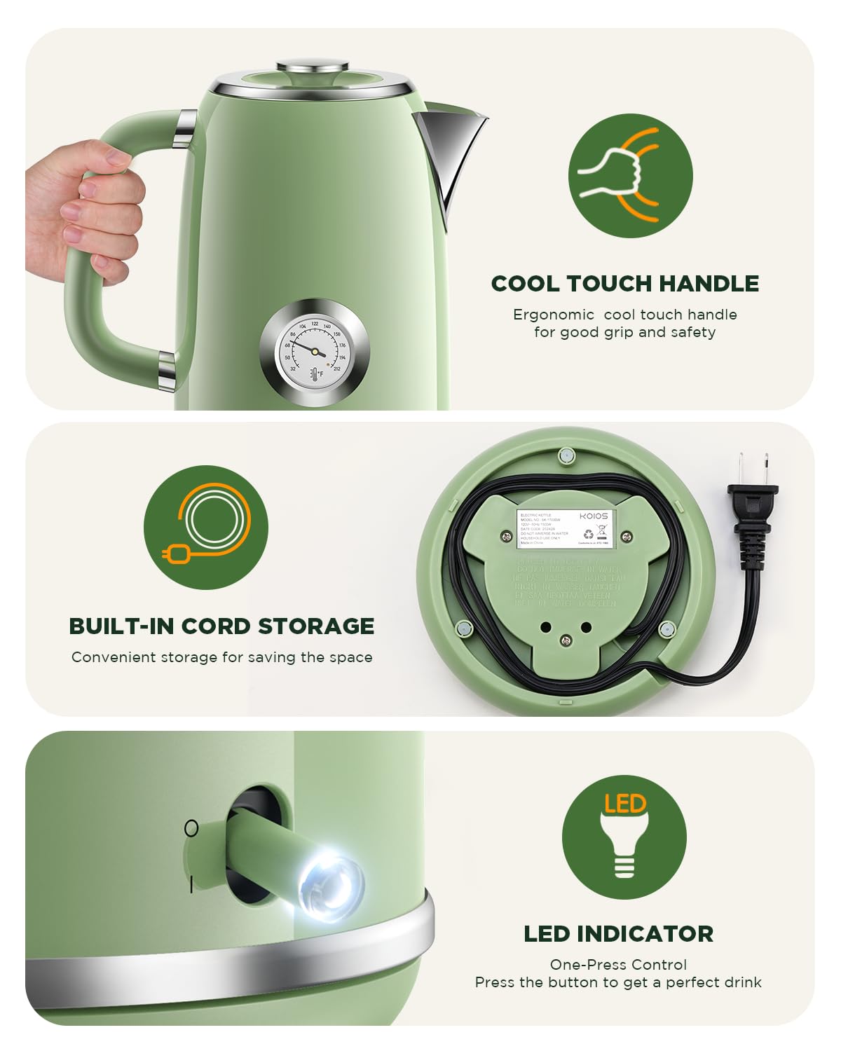 Electric Kettle, 1.8 L Hot Water Boiler Heater with Thermometer, 1500W Retro Electric Tea and Water Kettle with LED Indicator, 100% Stainless Steel, Auto Shut-Off & Boil-Dry Protection, Retro Green