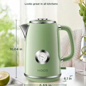 Electric Kettle, 1.8 L Hot Water Boiler Heater with Thermometer, 1500W Retro Electric Tea and Water Kettle with LED Indicator, 100% Stainless Steel, Auto Shut-Off & Boil-Dry Protection, Retro Green