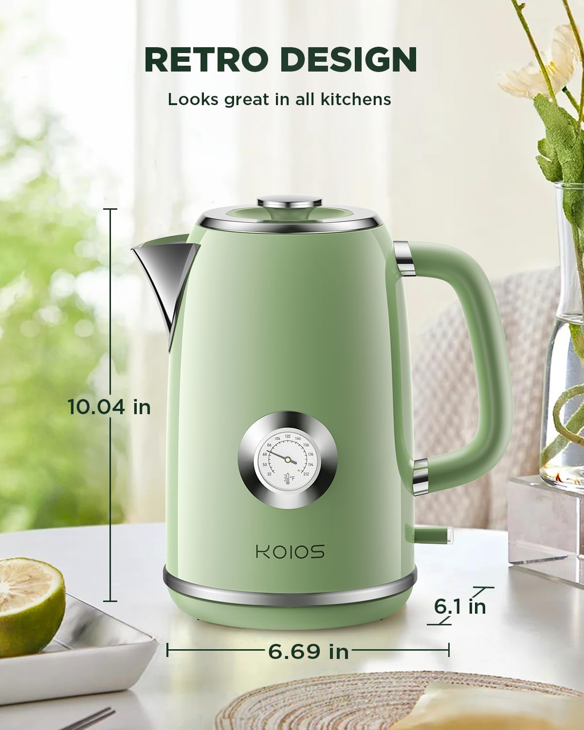 Electric Kettle, 1.8 L Hot Water Boiler Heater with Thermometer, 1500W Retro Electric Tea and Water Kettle with LED Indicator, 100% Stainless Steel, Auto Shut-Off & Boil-Dry Protection, Retro Green