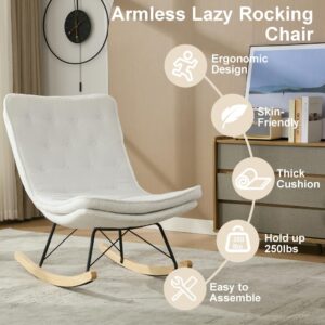 KOMIWOO Lazy Rocking Chair,Comfortable Lounge Chair with Wide Backrest and Seat Wood Base, Upholstered Armless Rocker Chair for Living room, Balcony,Bedroom and Patio Porch. (WHITE)