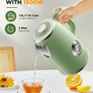 Electric Kettle, 1.8 L Hot Water Boiler Heater with Thermometer, 1500W Retro Electric Tea and Water Kettle with LED Indicator, 100% Stainless Steel, Auto Shut-Off & Boil-Dry Protection, Retro Green