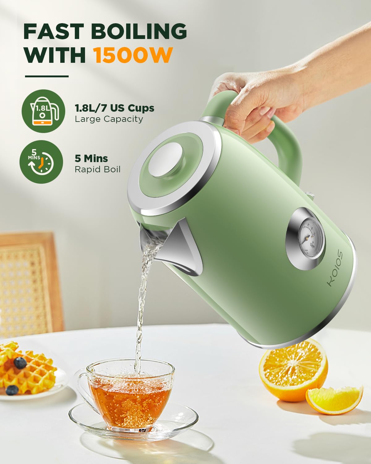 Electric Kettle, 1.8 L Hot Water Boiler Heater with Thermometer, 1500W Retro Electric Tea and Water Kettle with LED Indicator, 100% Stainless Steel, Auto Shut-Off & Boil-Dry Protection, Retro Green