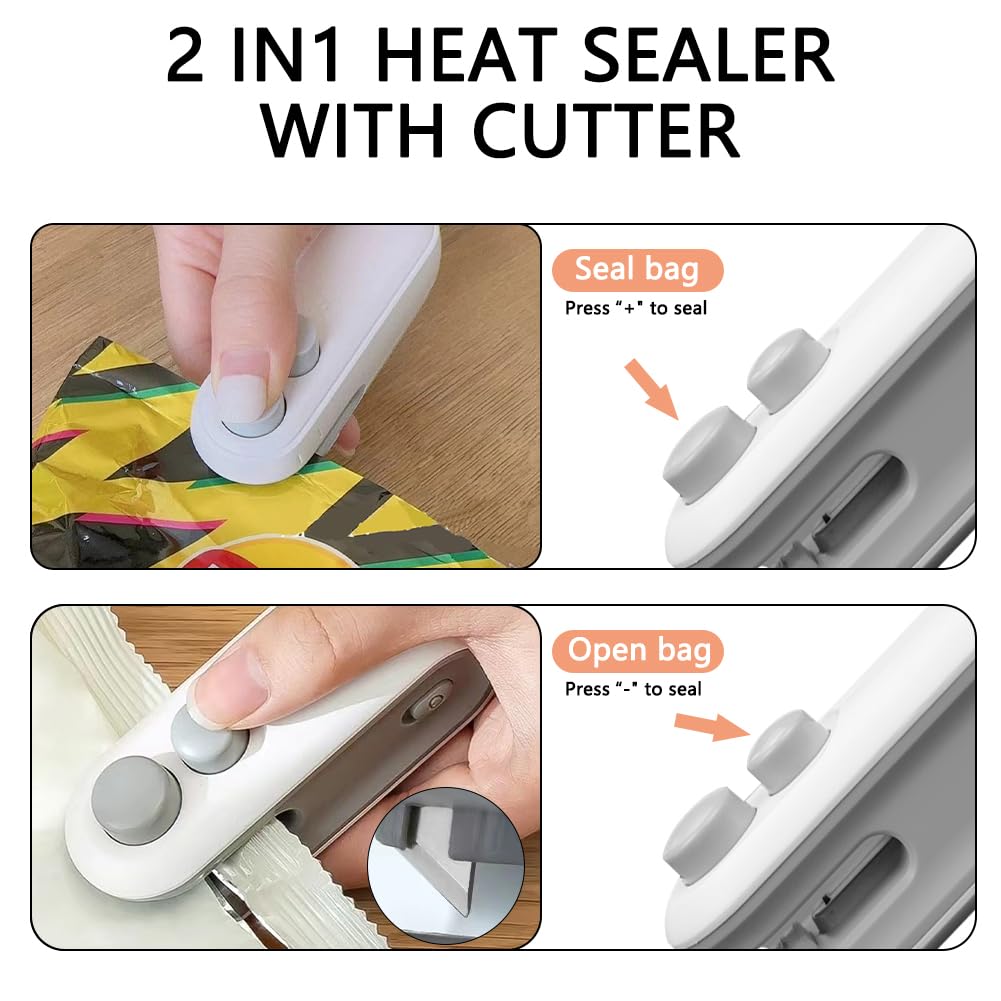 2PCS Mini Bag Sealer with 10PCS Vacuum Sealer Bags, 2024 New USB Rechargeable Bag Sealer Heat Seal,2 in 1 Bag Heat Sealer with Cutter for Chip, Snacks, Plastic Bag Resealer, Keep Food Fresh