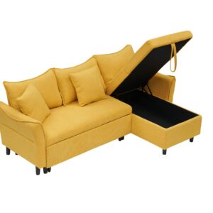 TURRIDU Convertible Sectional Sofa with Pull-Out Bed and Storage Chaise Lounge, L-shaped Corduroy Upholstered Reversible Couch with 2 Throw Pillows for Living Room, Apartment (Yellow)