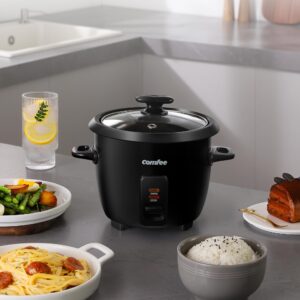 COMFEE' Rice Cooker, 6-Cup Cooked/3-Cup Uncooked, Removable Non-Stick Bowl, for Soups, Stews, Grains&Oatmeal, One Touch, Black