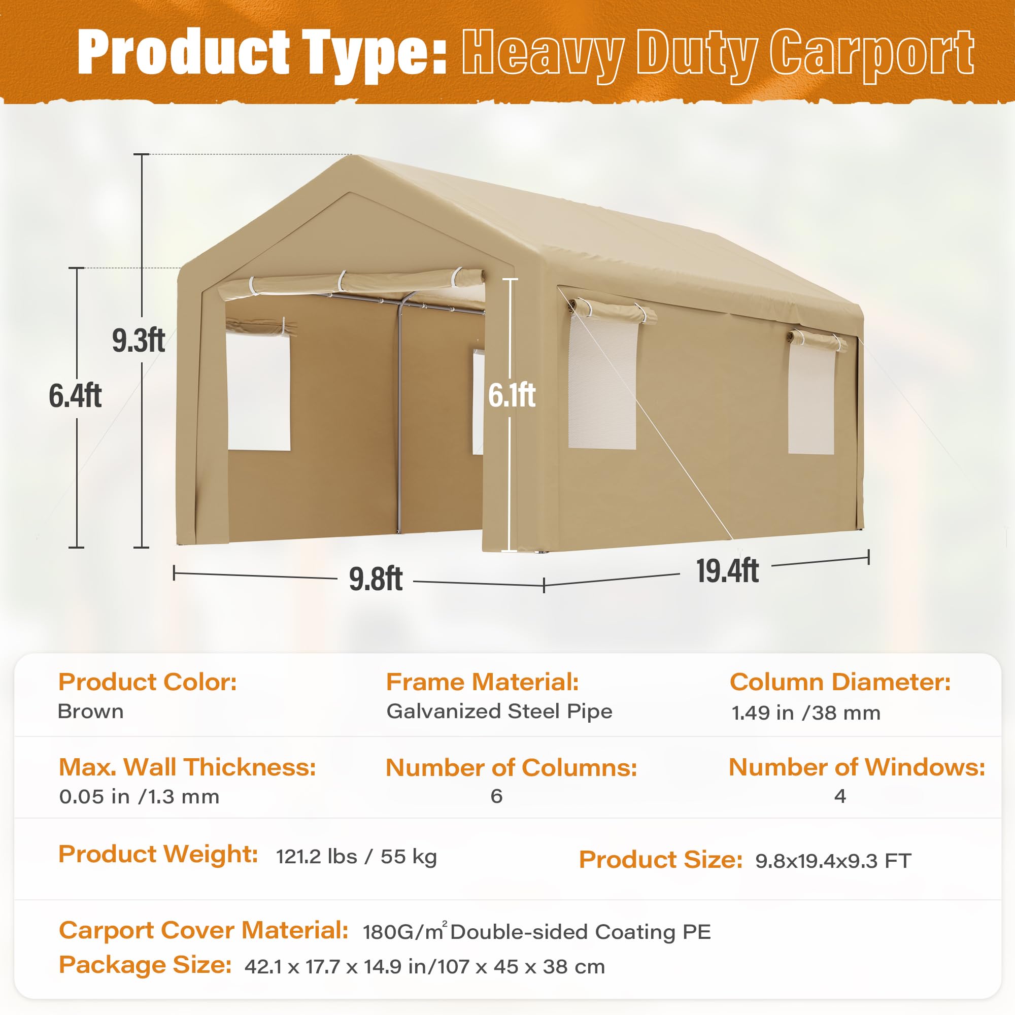 Oakmont Heavy Duty Carport, 10' × 20' Car Tent with All Metal Frame and Removable Sidewalls, Portable Canopy Garage with All-Season UV Resistant Tarp for Car Boat Truck Motorcycle (Brown)