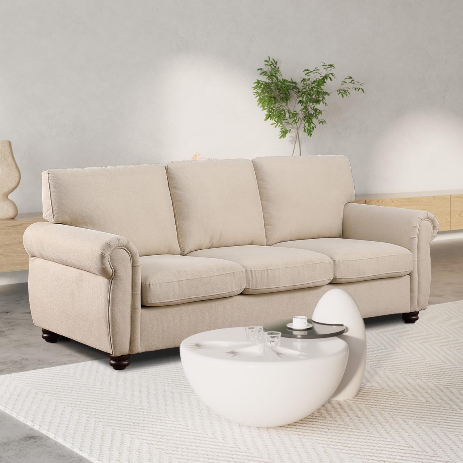 jurmiture 84" Modern 3 Seater Couches, Fabric Linen Deep Seat Sofa Mid Century Couches with Rolled Arms, Comfy Three Seater Couch Sofa with Turned Wooden Legs, Beige 3 Cushion Couches for Living Room