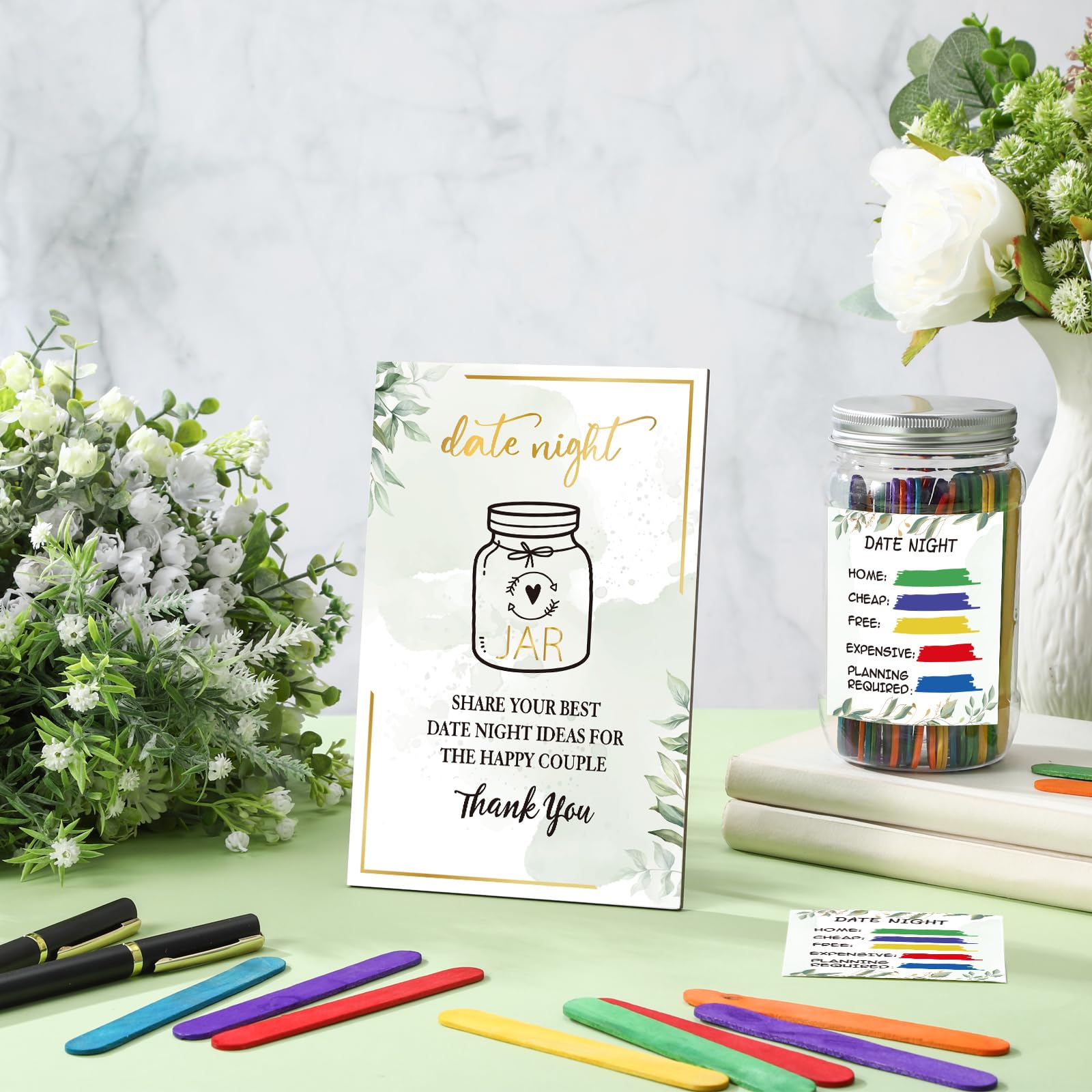 Cinnvoice 66 Pcs Eucalyptus Bridal Shower Games Date Night Game Sign with Holder 19 oz Wish Jar 2 Stickers 60 Colored Wooden Sticks 2 Pens Greenery Bachelorette Games Supplies Couples Newlywed Gift