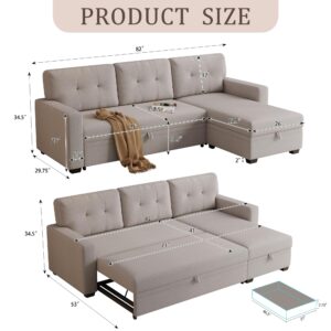 Acosure 82" Pull Out Couch with Storage Chaise,L-Shape Sectional Sofa Bed W/Tufted Backrest,3 Seater Convertible Sleeper for Living Room Apartment Office,Beige