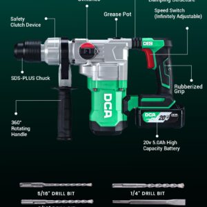 DCA 20V MAX Brushless Rotary Hammer Drill, 4.5 Joule, 3800BPM, 1-1/8 Inch SDS-Plus, Cordless Heavy Duty Rotary Hammer Drill, 5.0Ah Battery, 4A Fast Charger, Safety Clutch, 4 Drill Bits and 2 Chisels