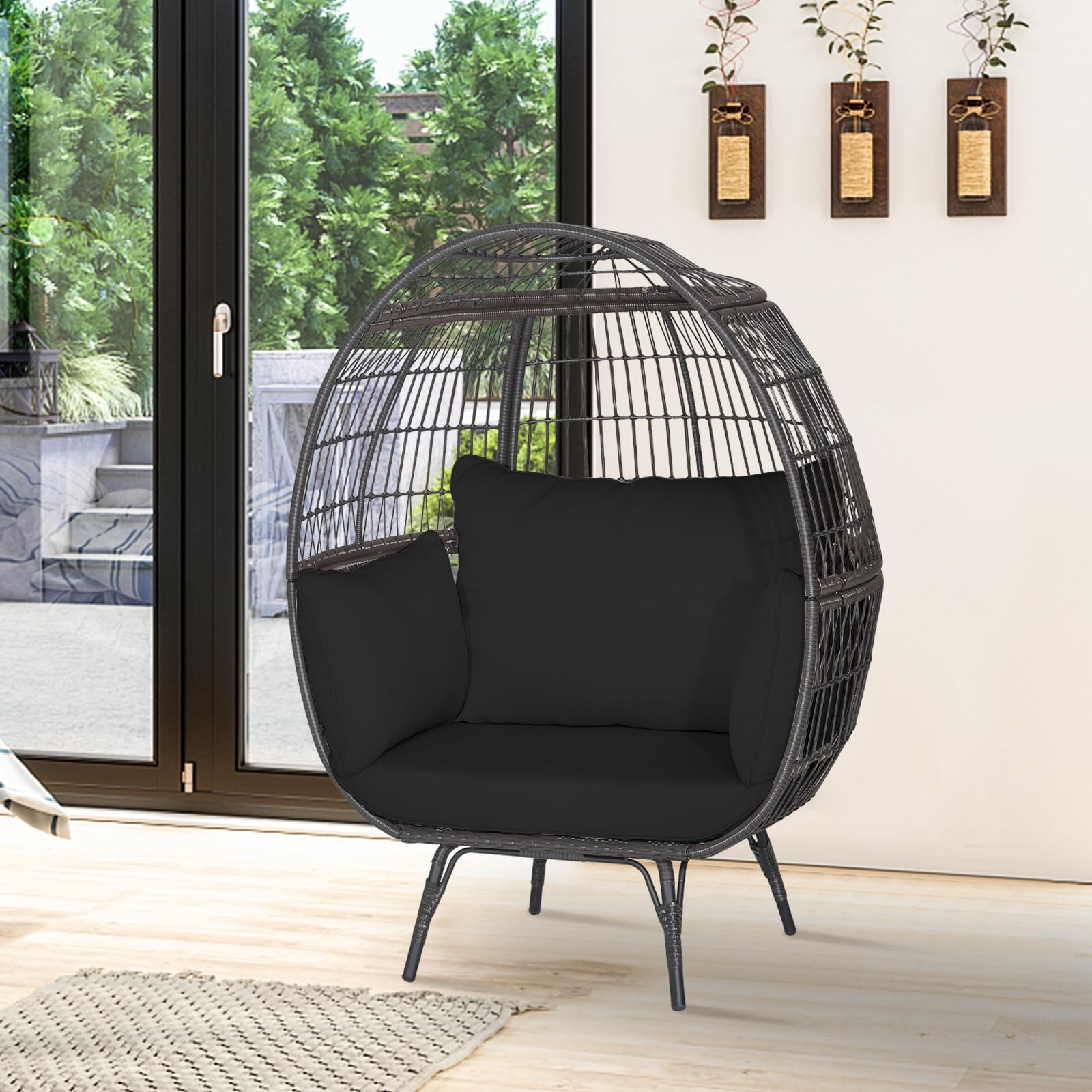 MAT EXPERT Oversized Egg Chair, Wicker Patio Basket Circle Lounge Chair w/Metal Stand & 4 Thick Cushions, PE Rattan Egg Lounger Outdoor Indoor for Backyard, Balcony, Living Room (Black)