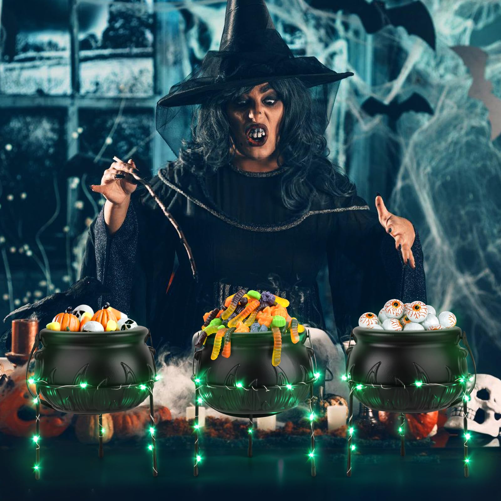 Atiloy Halloween Decor Witches Cauldron Set of 3 Witches Cauldron Serving Bowls on Stand Black Plastic Halloween Punch Bowl Candy Snack Food Dishes for Indoor Outdoor Home Kitchen Party Supplies