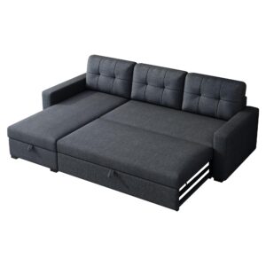 Acosure Pull Out Sofa Bed with Storage Chaise,L-Shape Sectional Corner Couch W/ 3 Back Cushions,Upholstered Convertible Sleeper for Apartment Dorm Living Room,Dark Gray