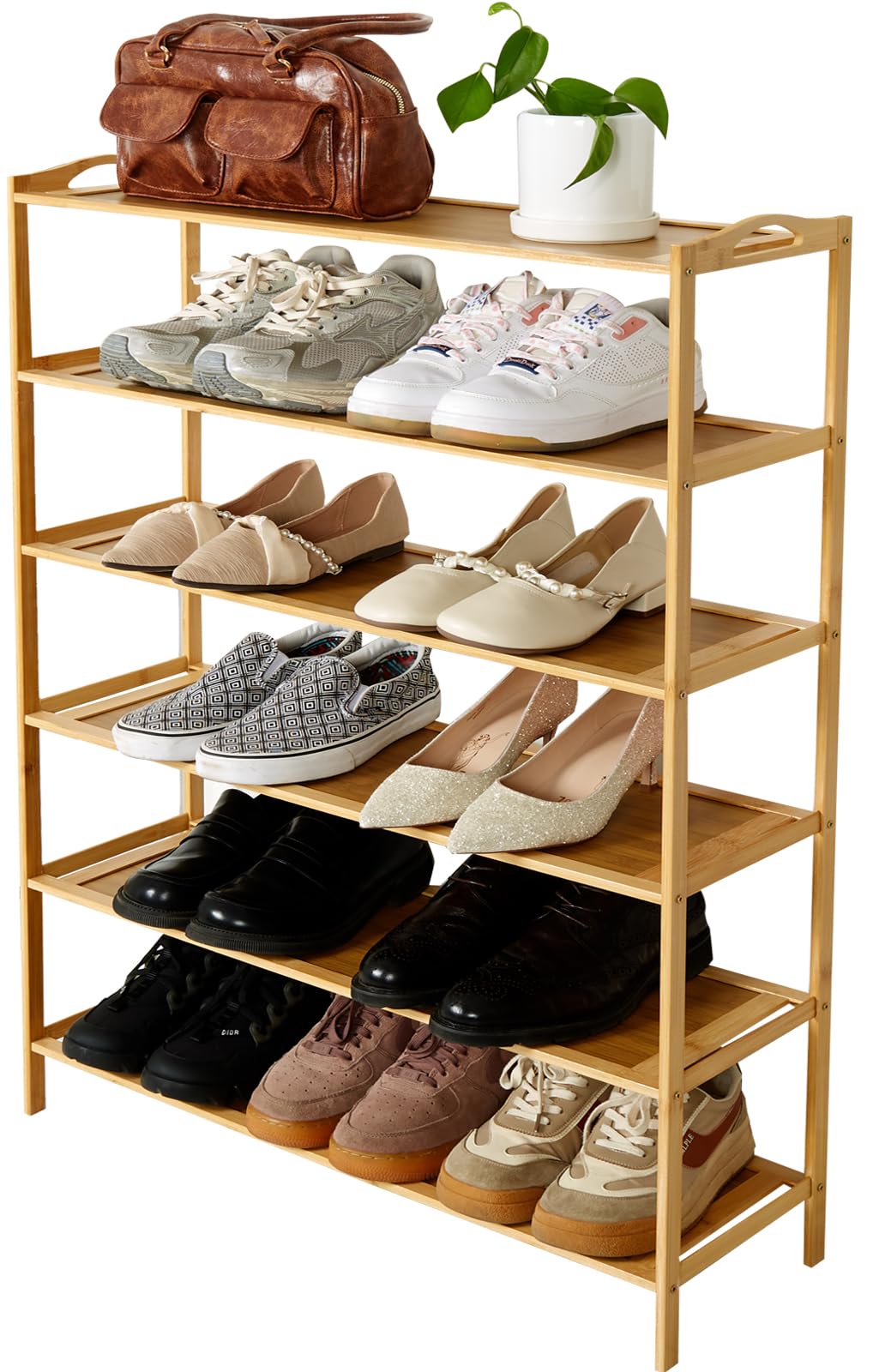 KJDFHNB 6 Tier Bamboo Shoe Rack for Closet, Free Standing Shoe Racks, Stackable Shoes Rack Organizer, Bamboo Wood Shoe Rack for Entryway and Closet Hallway (27.5" x 9.25" x 40.3")