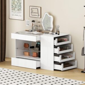 woodtime white dresser with glass top for bedroom, modern chest of drawers with glass shelf and 8 drawers, versatile closet island storage cabinet for walk in closet wardrobe, white