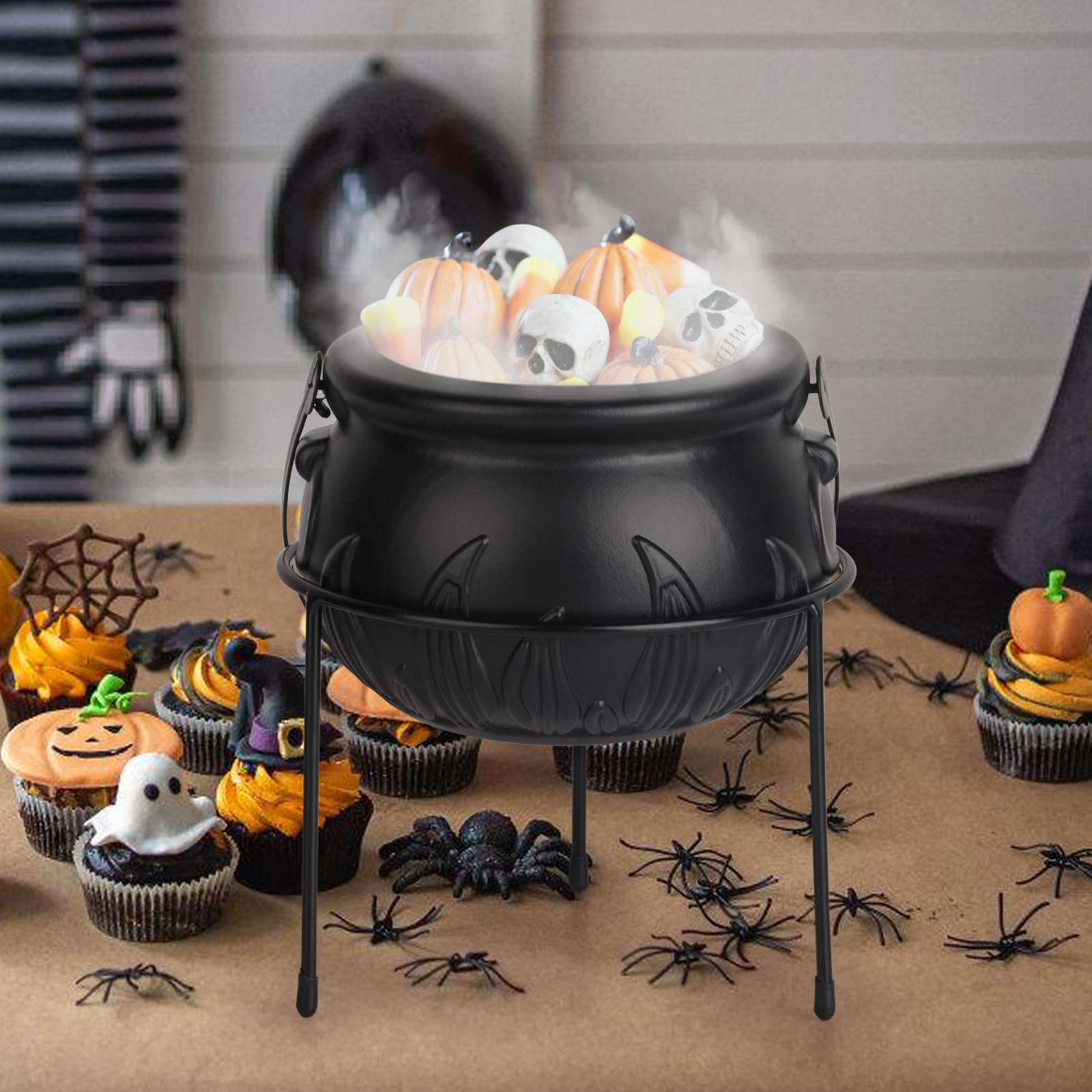 Atiloy Halloween Decor Witches Cauldron Set of 3 Witches Cauldron Serving Bowls on Stand Black Plastic Halloween Punch Bowl Candy Snack Food Dishes for Indoor Outdoor Home Kitchen Party Supplies