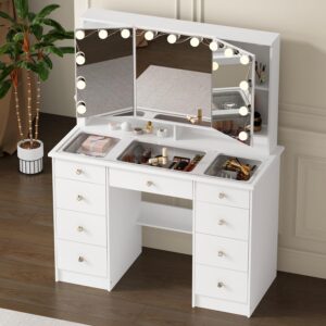 romshine large vanity desk with trifold mirrors & hollywood bulbs, 43.3" w glass top makeup vanity with lights in 3 color modes & brightness adjustable, makeup desk with 9 drawers for storage, white