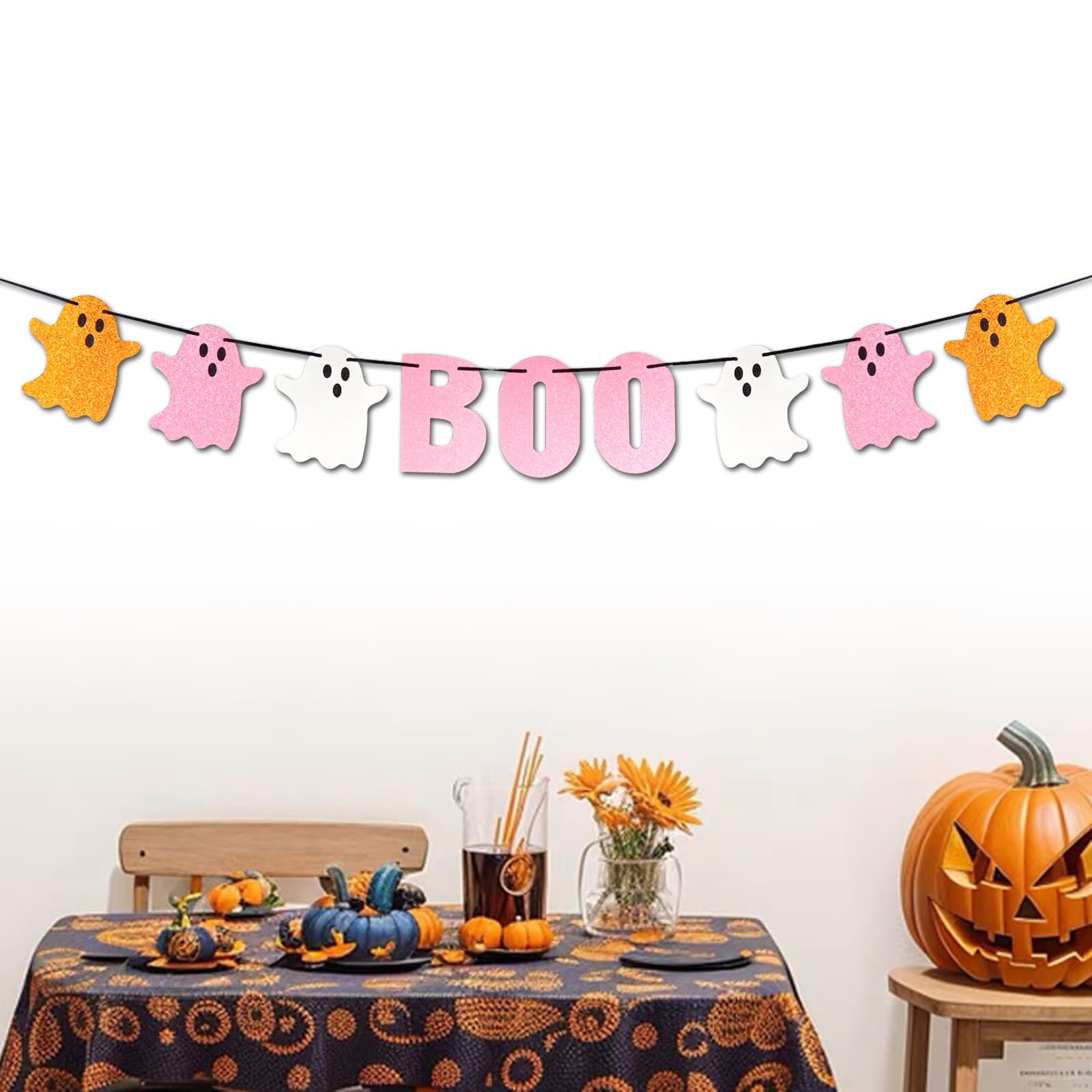 LanttAotte Cute Boo Banner, Pre-Assembled Pink Happy Boo Day Halloween Glittery Ghost Party Decorations for Mantle Girl Baby Shower Décor