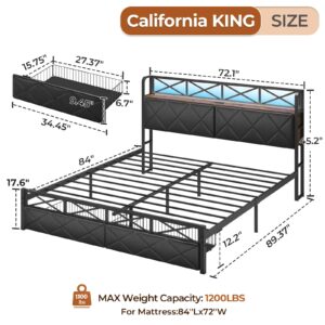 DICTAC California King Bed Frame with Hidden Storage and 2 Drawers Metal Cal King Size Platform Bed with Led Lights and Charging Station Led Bed with Upholstered Headboard,No Box Spring Needed,Black