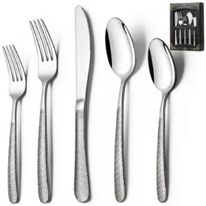 40-piece hammered silverware set, deedro stainless steel heavy duty flatware set for 8, food-grade tableware cutlery set, utensil sets for home restaurant, mirror finish, dishwasher safe