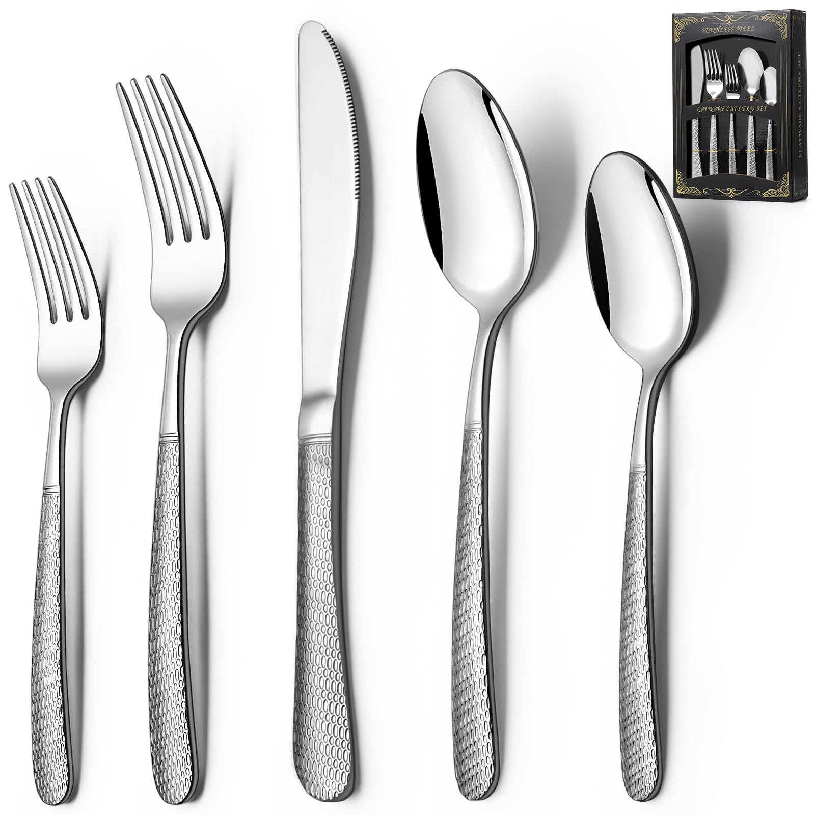 40-Piece Hammered Silverware Set, Deedro Stainless Steel Heavy Duty Flatware Set for 8, Food-Grade Tableware Cutlery Set, Utensil Sets for Home Restaurant, Mirror Finish, Dishwasher Safe