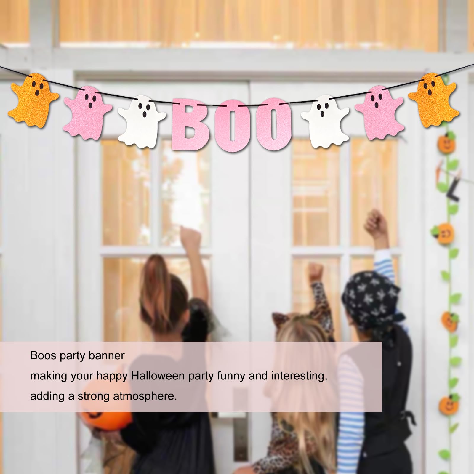 LanttAotte Cute Boo Banner, Pre-Assembled Pink Happy Boo Day Halloween Glittery Ghost Party Decorations for Mantle Girl Baby Shower Décor