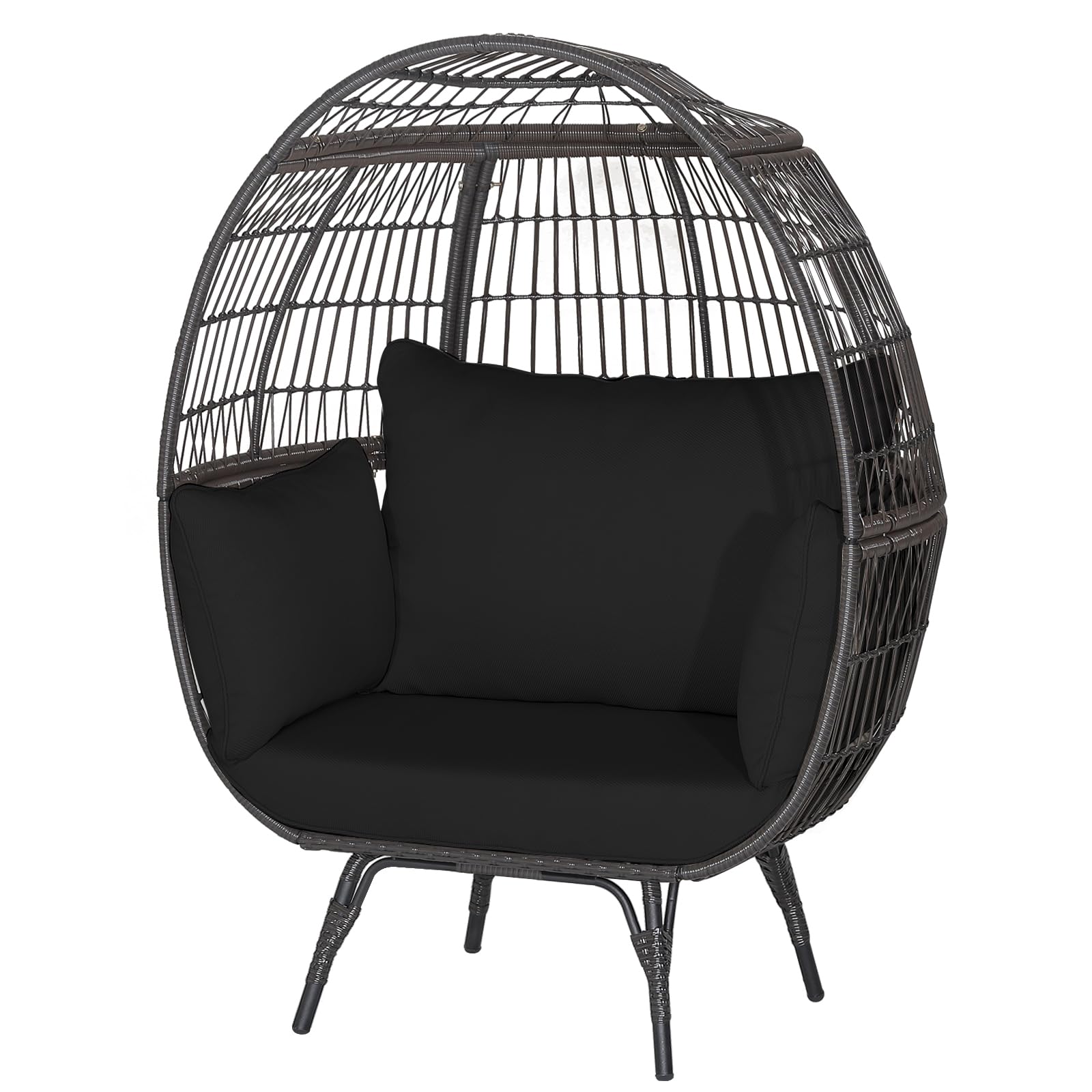 MAT EXPERT Oversized Egg Chair, Wicker Patio Basket Circle Lounge Chair w/Metal Stand & 4 Thick Cushions, PE Rattan Egg Lounger Outdoor Indoor for Backyard, Balcony, Living Room (Black)