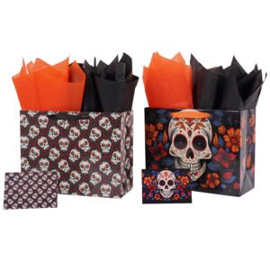 ysmile halloween skull gift bag with wrapping paper for men women 12.6" 2 pack