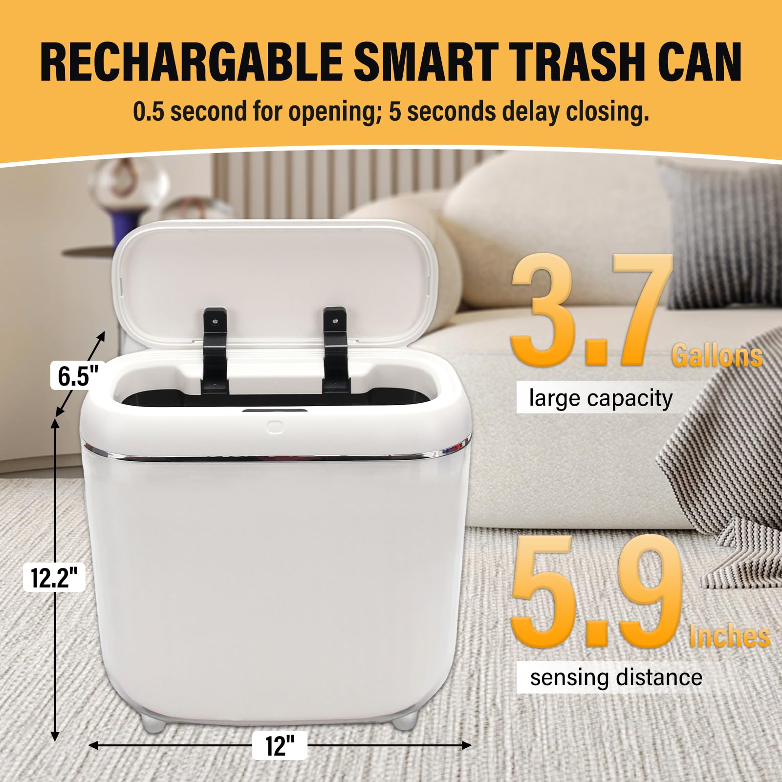 Sayene Slim Bathroom Trash Can with Lid 3.7 Gal Rechargable Smart Motion Sensor Trash Can Bedroom Automatic Touchless Garbage Can with Lid Trash Bin for Bathroom Bedroom Office Kitchen