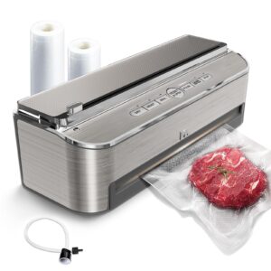 mesliese vacuum sealer machine, 85kpa 120w automatic food sealer, powerful sealing system, build-in cutter | bags storage | moist mode and air suction hose | 2 bag rolls and 5pcs pre-cut bags