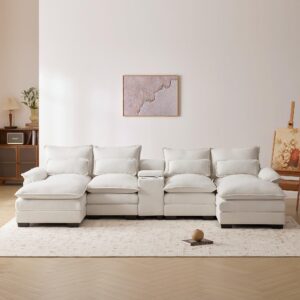 mikibama Luxury Modern 123'' U Shaped Sofa for Living Room, 4 Seater Comfy Cloud Couch Sleeper, Upholstered Sectional Couch Set with Console, Cup Holders & USB Ports, Chenille, White