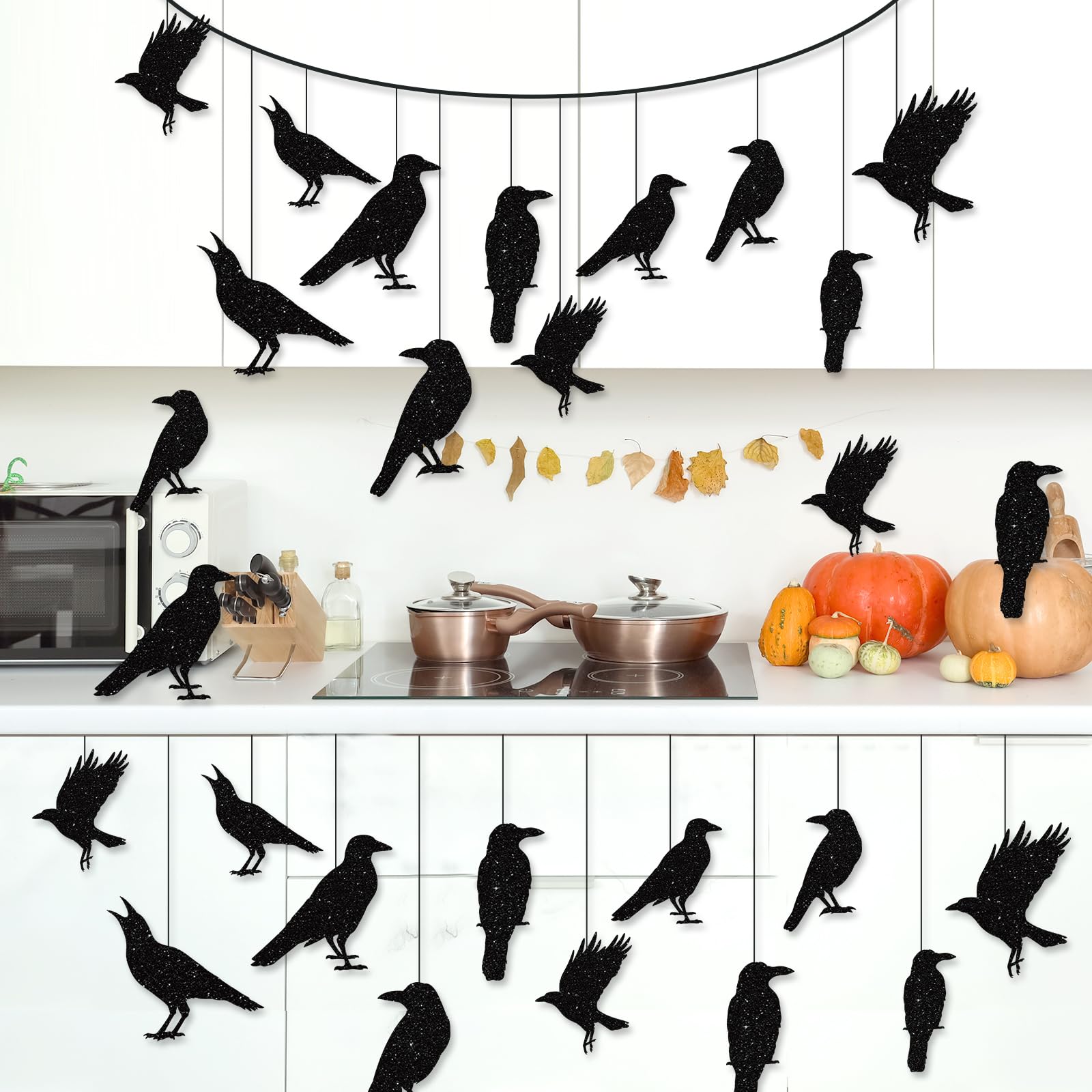 40pcs Glitter Black Crow Halloween Decorations Bird Raven Hanging Banners for Gothic Halloween Garland Backdrop Centerpiece Halloween Wall Cutouts for Horror Theme Birthday Wedding Yard Party Supplies