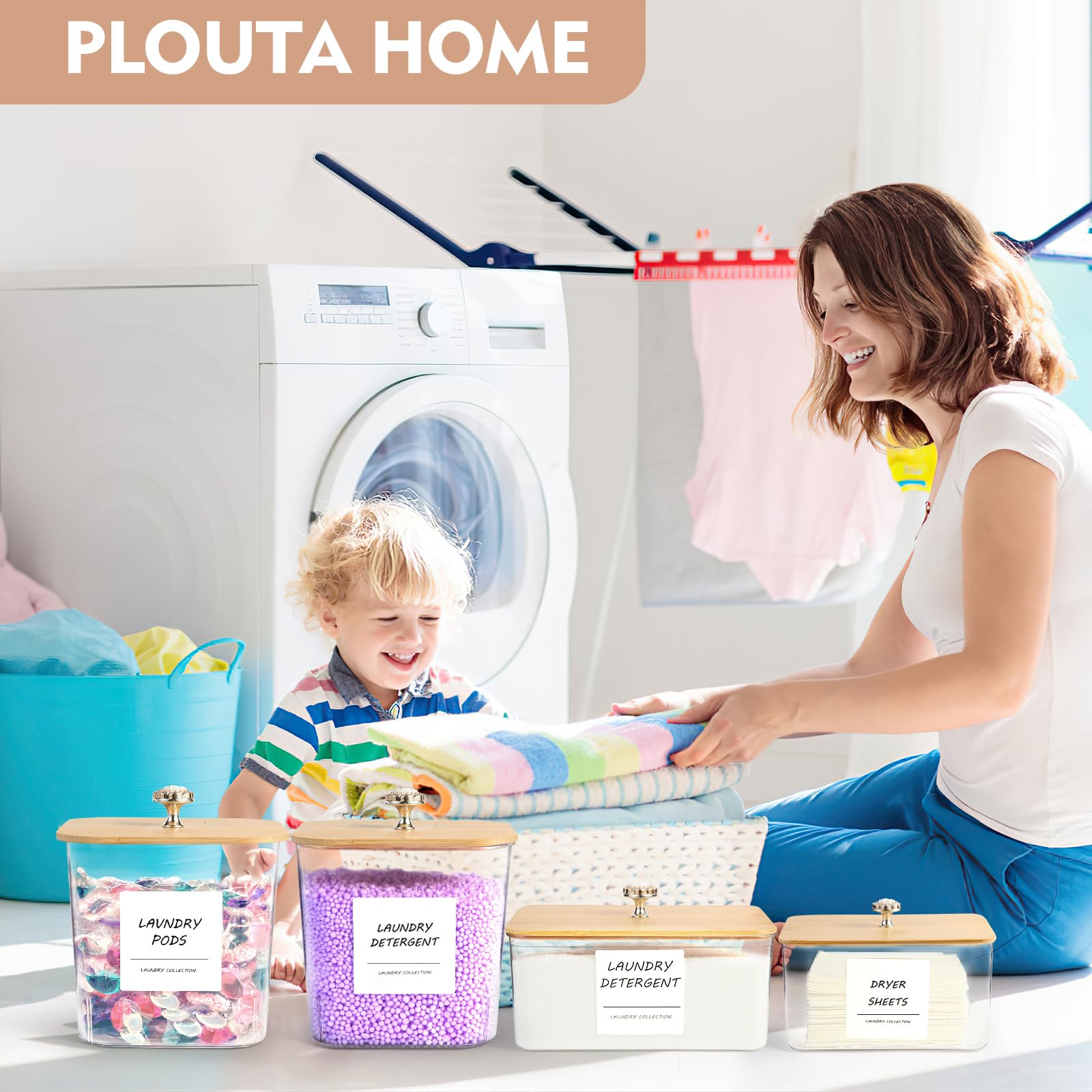 PLOUTA HOME 4 Pack Laundry Room Organization Storage Containers, Plastic Clear Laundry Pods Container & Dryer Sheet Holder Jars with Lids, Scoops & Labels for Detergent, Powder, Dryer Balls, Beads