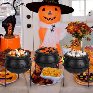 atiloy halloween decor witches cauldron set of 3 witches cauldron serving bowls on stand black plastic halloween punch bowl candy snack food dishes for indoor outdoor home kitchen party supplies