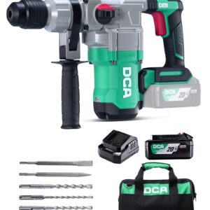 DCA 20V MAX Brushless Rotary Hammer Drill, 4.5 Joule, 3800BPM, 1-1/8 Inch SDS-Plus, Cordless Heavy Duty Rotary Hammer Drill, 5.0Ah Battery, 4A Fast Charger, Safety Clutch, 4 Drill Bits and 2 Chisels