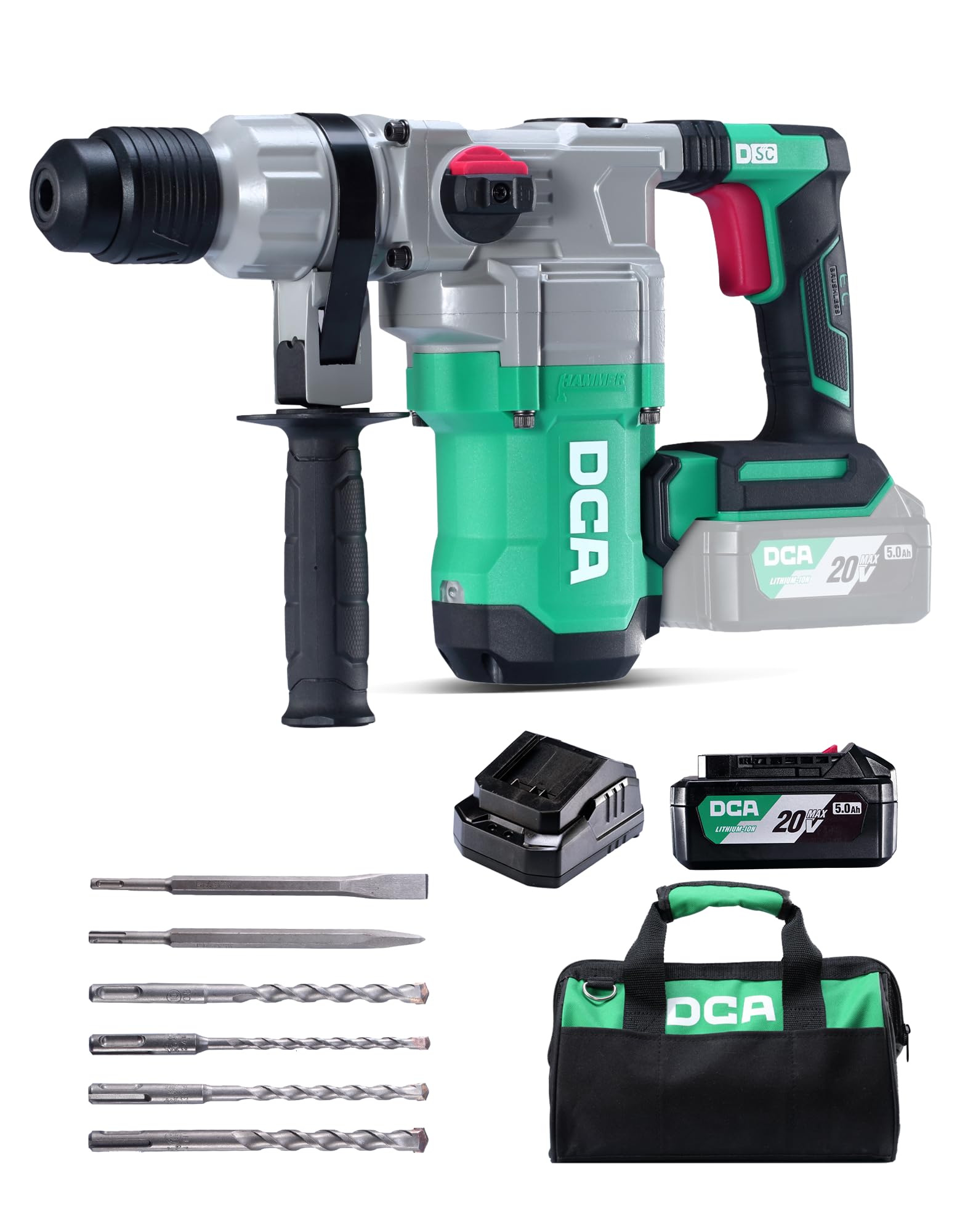 DCA 20V MAX Brushless Rotary Hammer Drill, 4.5 Joule, 3800BPM, 1-1/8 Inch SDS-Plus, Cordless Heavy Duty Rotary Hammer Drill, 5.0Ah Battery, 4A Fast Charger, Safety Clutch, 4 Drill Bits and 2 Chisels