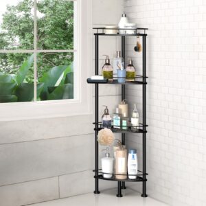 ogemxu corner shower caddy stand, 4 tier shower organizer corner for bathroom shampoo storage, unshakable sturdy floor shower shelf with soap holder, rustproof metal stand with 4 hooks, black