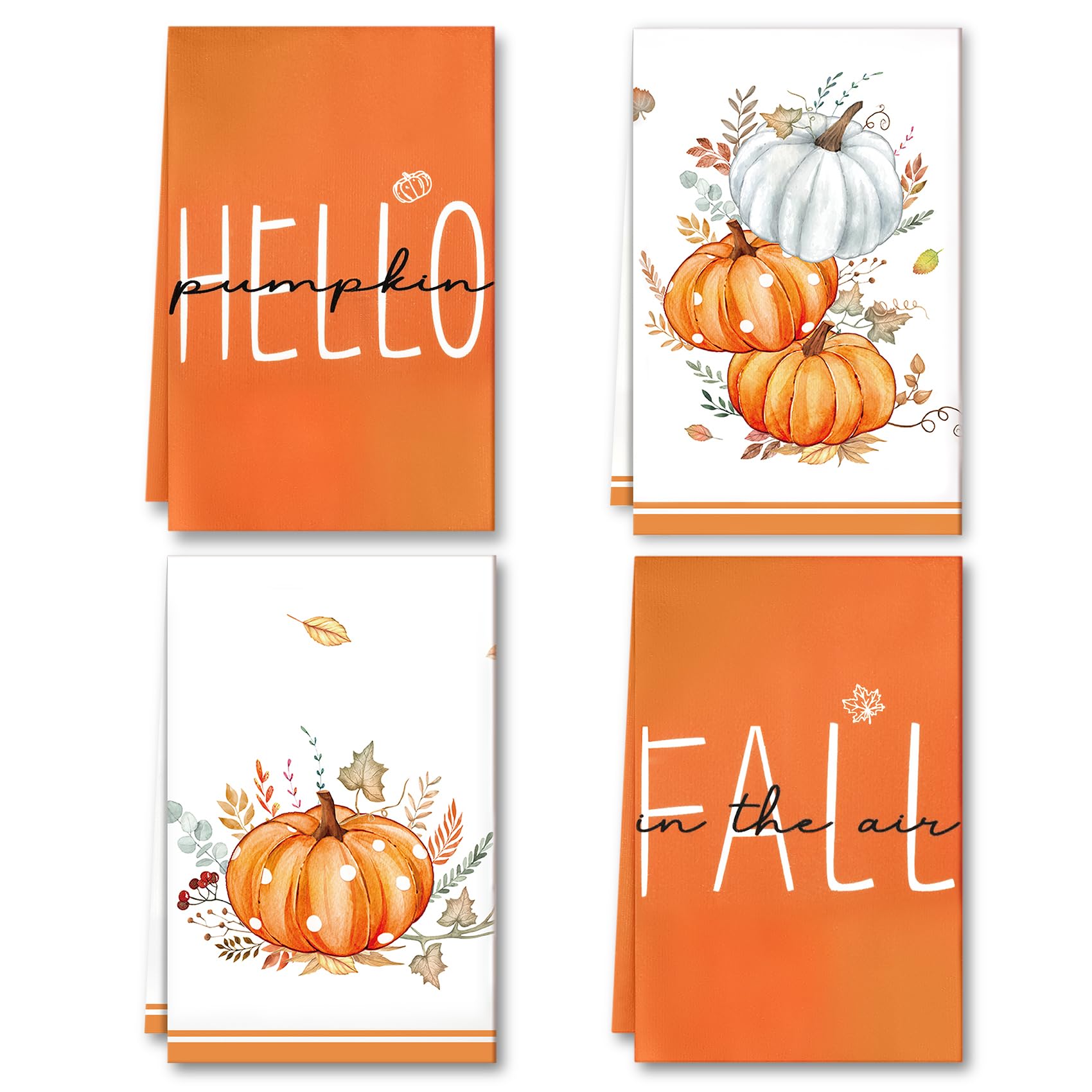 Korlon Tec 4 Pack Fall Kitchen Towels, Hello Pumpkin Fall Dish Towels, 18x26 Inch Farmhouse Fall Hand Towels for Kitchen Home Harvest Autumn Thanksgiving Decorations