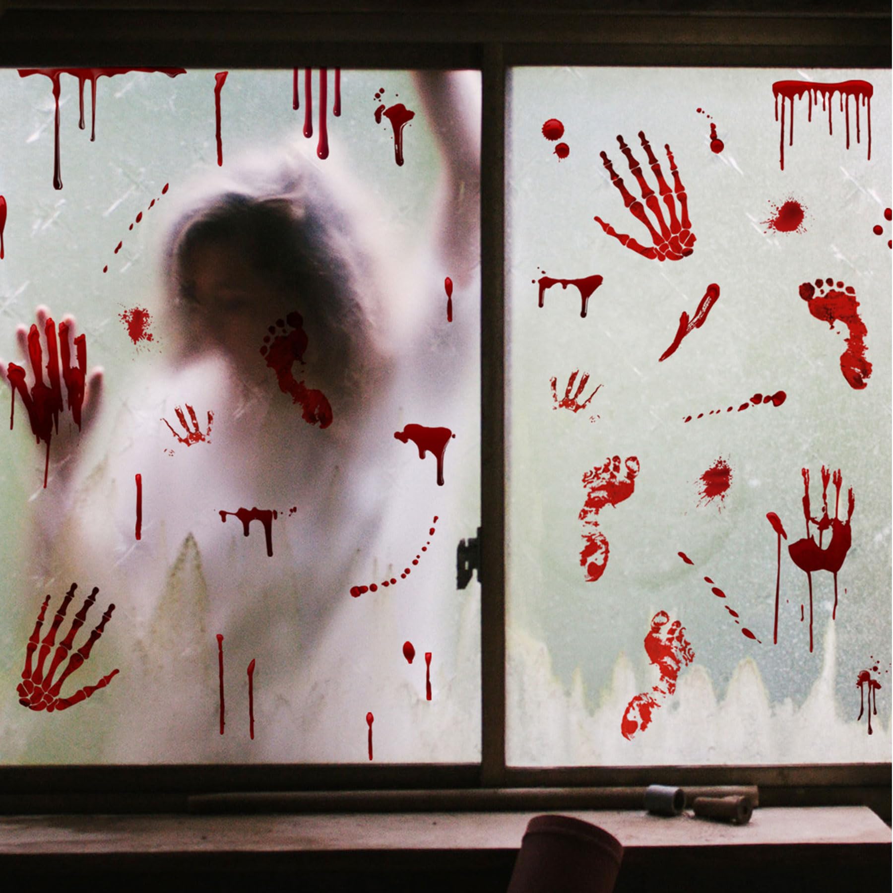 Halloween Bloody Wall Stickers Spooky Bloody Handprint Footprint Window Stickers Easy to Apply and Remove, Vivid Halloween Spooky Stickers Perfect for Halloween Party Indoor Outdoor Decorations