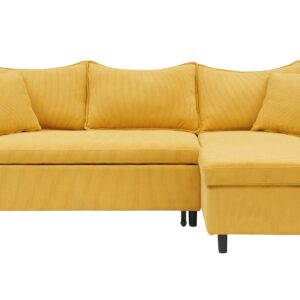 TURRIDU Convertible Sectional Sofa with Pull-Out Bed and Storage Chaise Lounge, L-shaped Corduroy Upholstered Reversible Couch with 2 Throw Pillows for Living Room, Apartment (Yellow)