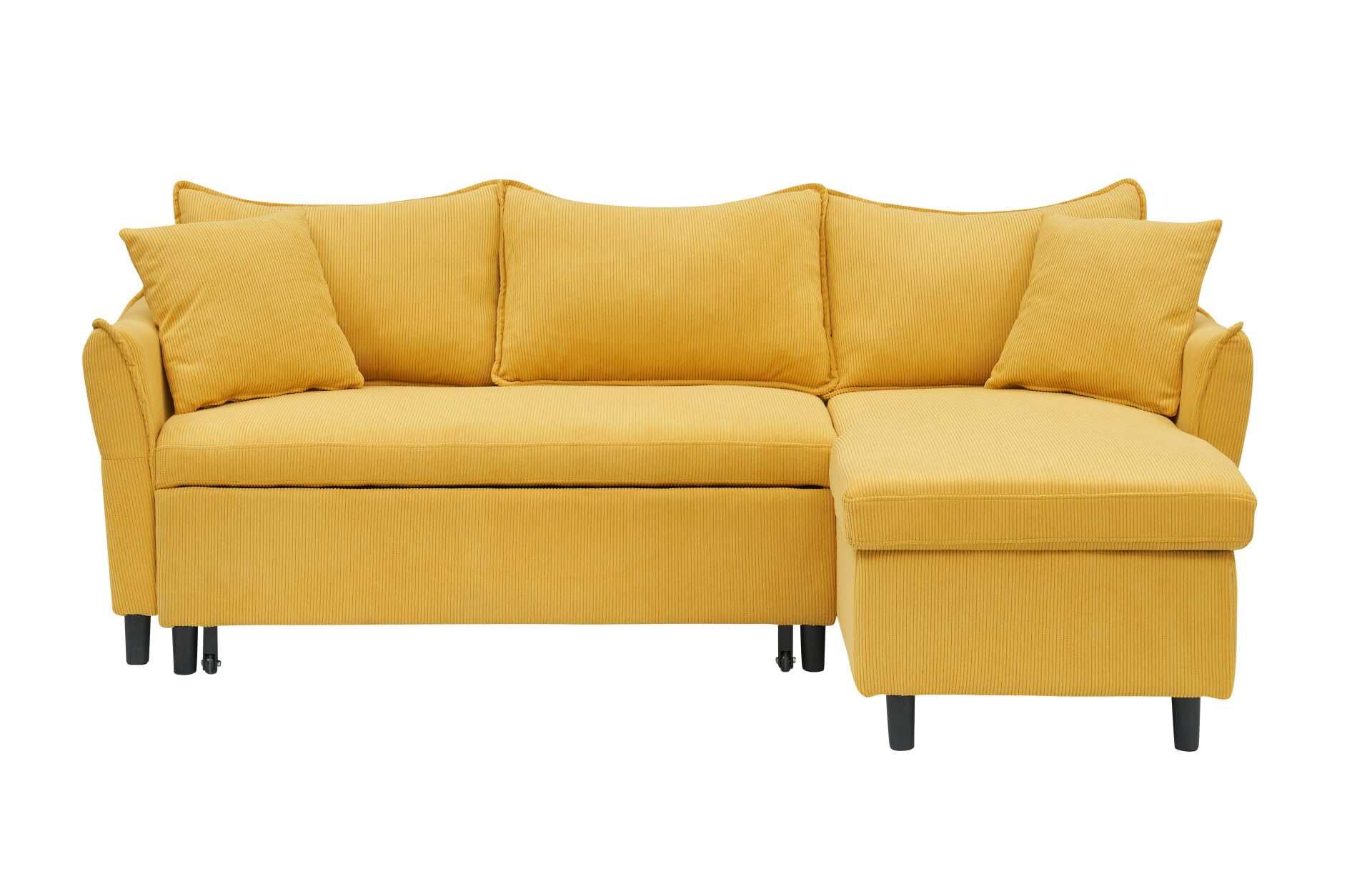 TURRIDU Convertible Sectional Sofa with Pull-Out Bed and Storage Chaise Lounge, L-shaped Corduroy Upholstered Reversible Couch with 2 Throw Pillows for Living Room, Apartment (Yellow)