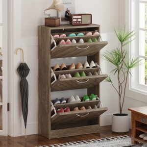 WOODTIME Shoe Cabinet with 3 Flip Drawers & Shutter Doors, Modern Shoe Rack Cabinet with Removable Divider, Narrow Shoe Storage Organizer for Slim Entryway, Dorm, Brown