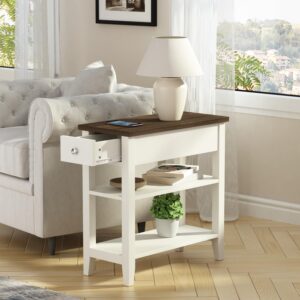 ChooChoo Side Table Living Room Set of 2, Narrow End Table with Drawer and Shelf, 3-Tier Sofa End Table for Small Space, White and Brown