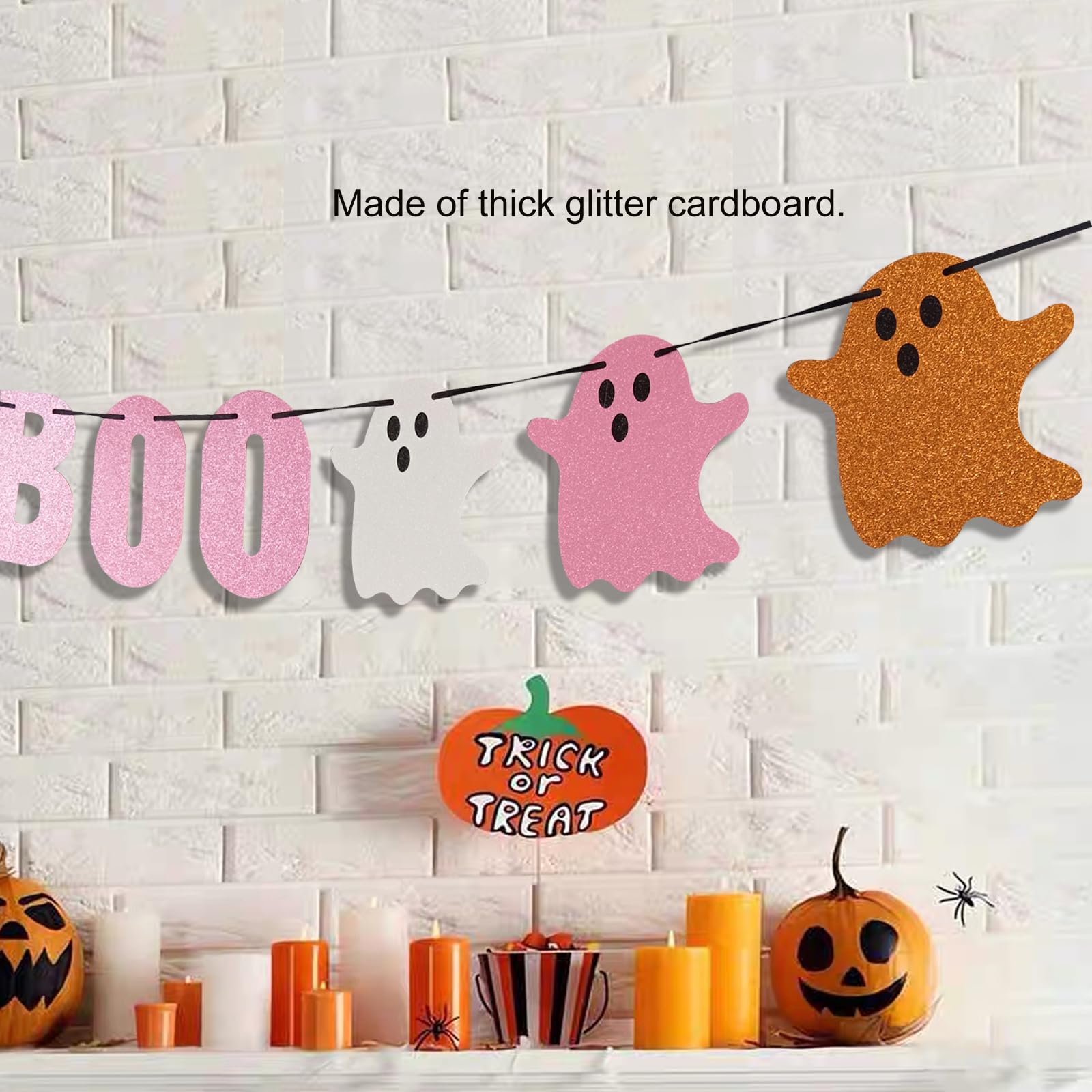 LanttAotte Cute Boo Banner, Pre-Assembled Pink Happy Boo Day Halloween Glittery Ghost Party Decorations for Mantle Girl Baby Shower Décor