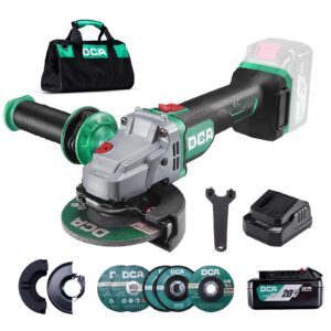 dca cordless angle grinder 20v 4-1/2 inch, 4.0ah battery & 2a fast charger, 8500rpm brushless motor, power angle grinder with cutting & grinding wheels, flap discs for wood metal & rust removal