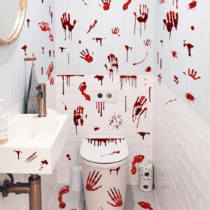 Halloween Bloody Wall Stickers Spooky Bloody Handprint Footprint Window Stickers Easy to Apply and Remove, Vivid Halloween Spooky Stickers Perfect for Halloween Party Indoor Outdoor Decorations