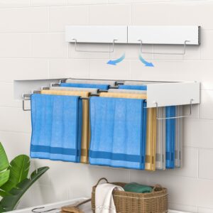 remixori wall mounted drying rack,collapsible laundry drying rack with wall template and 2 foldable hanger supports for drying clothes and towel indoor outdoor, 31.5" wide, white